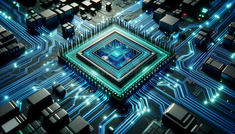 Futuristic 3D Rendered Computer Processor Chip with Neon Circuitry ...
