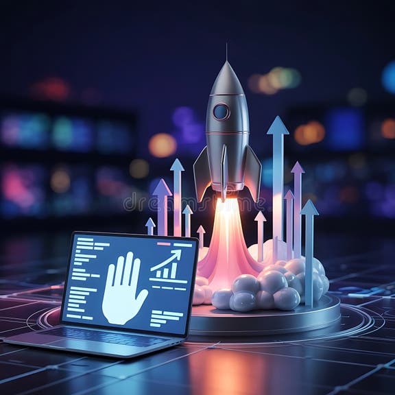 Rocket Launch Visualization of Business Growth on Laptop Stock Illustration - Illustration of ...