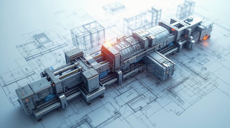 Futuristic 3D Rendered Machine with Industrial Blueprint Design Details ...