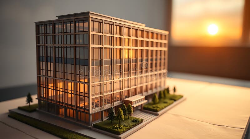 3D Model of a Modern Office Building at Sunset Stock Illustration ...