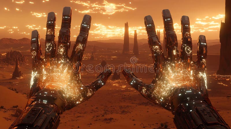 Futuristic Biomechanical Hands Typing Amidst Martian Monoliths and ...