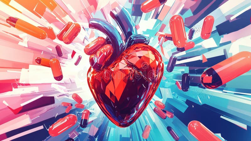 Crystal Heart with Exploding Red Capsules, Futuristic 3D Artwork Stock ...