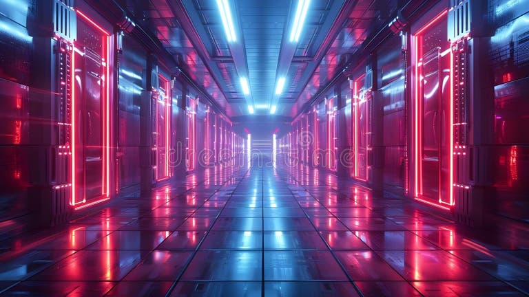 Futuristic 3D Rendering with Neon Lights Cyber Theme and Reflective ...