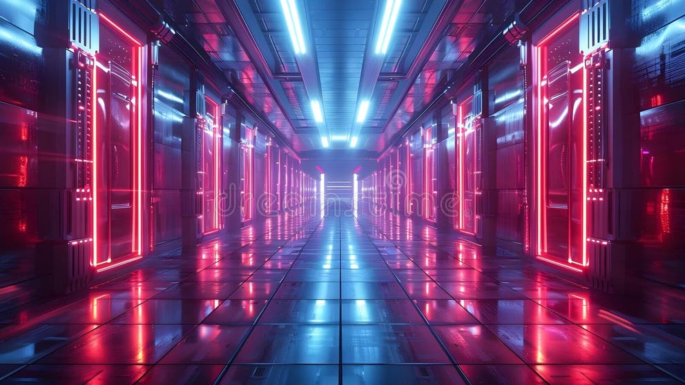 Futuristic 3D Rendering with Neon Lights Cyber Theme and Reflective ...