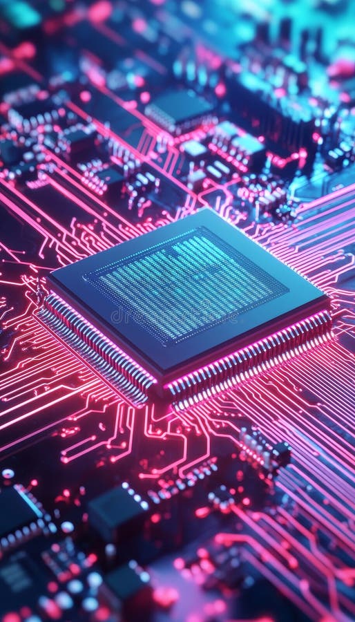 Futuristic 3d Rendering of Neon Lights on a Modern Computer Chip and Motherboard Design Stock ...