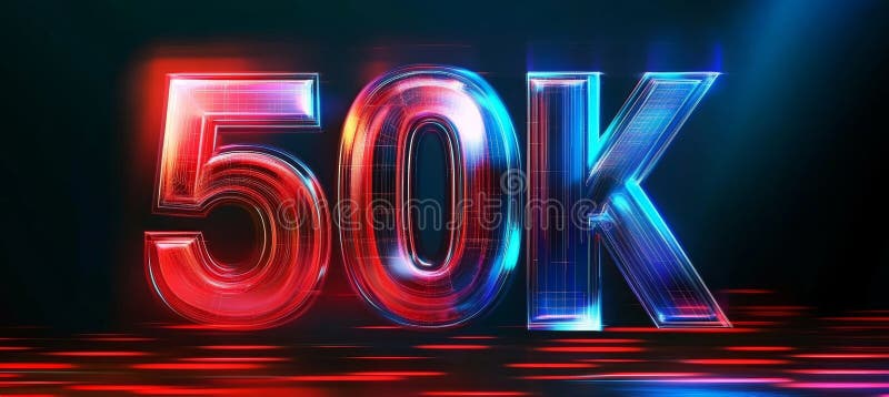 Futuristic 3D Rendering of the Number 50K in Neon Red and Blue ...