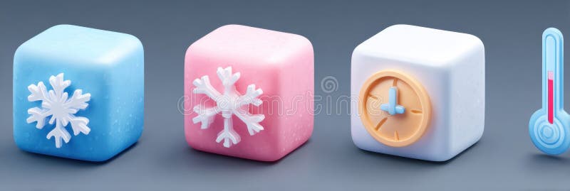 Creative 3D Icons Representing Freezer Functionalities with Snowflake ...