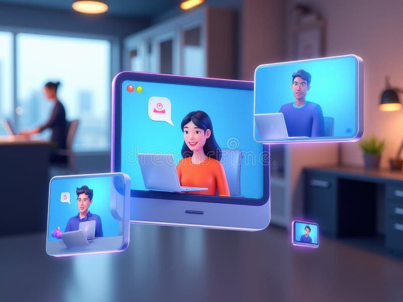 A Futuristic 3D Video Call Icon with Floating Screens and a Blurred ...