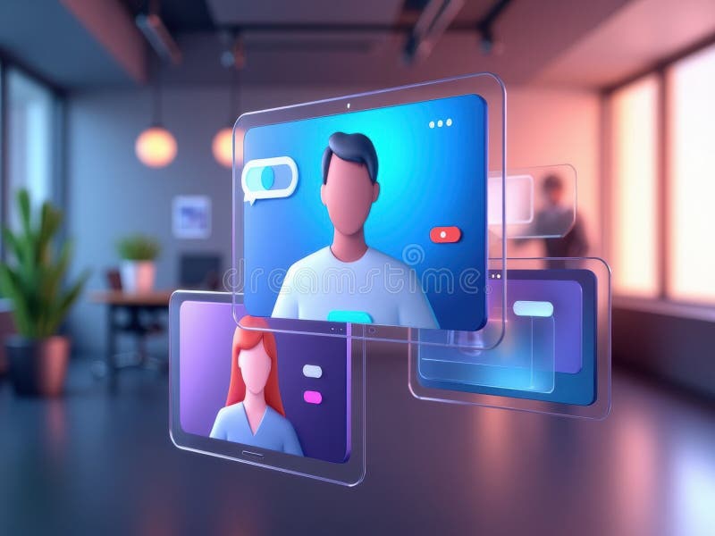 A Futuristic 3D Video Call Icon with Floating Screens and a Blurred ...