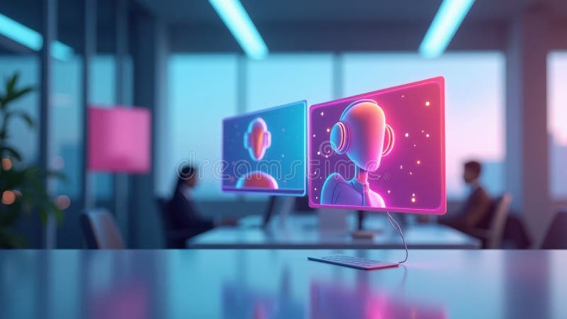 A Futuristic 3D Video Call Icon with Floating Screens and a Blurred ...