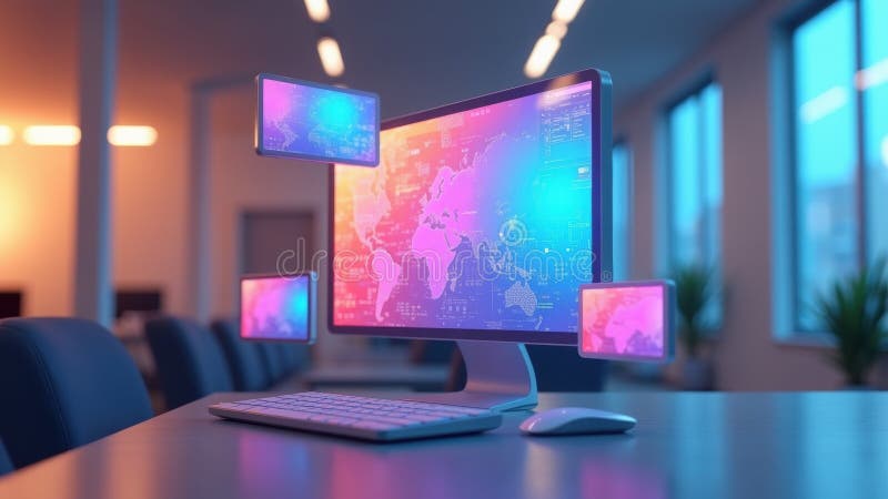 A Futuristic 3D Video Call Icon with Floating Screens and a Blurred ...