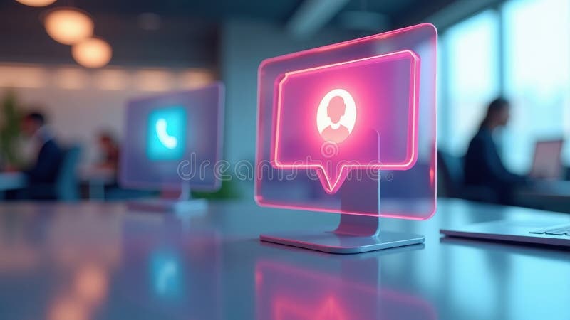 A Futuristic 3D Video Call Icon with Floating Screens and a Blurred ...