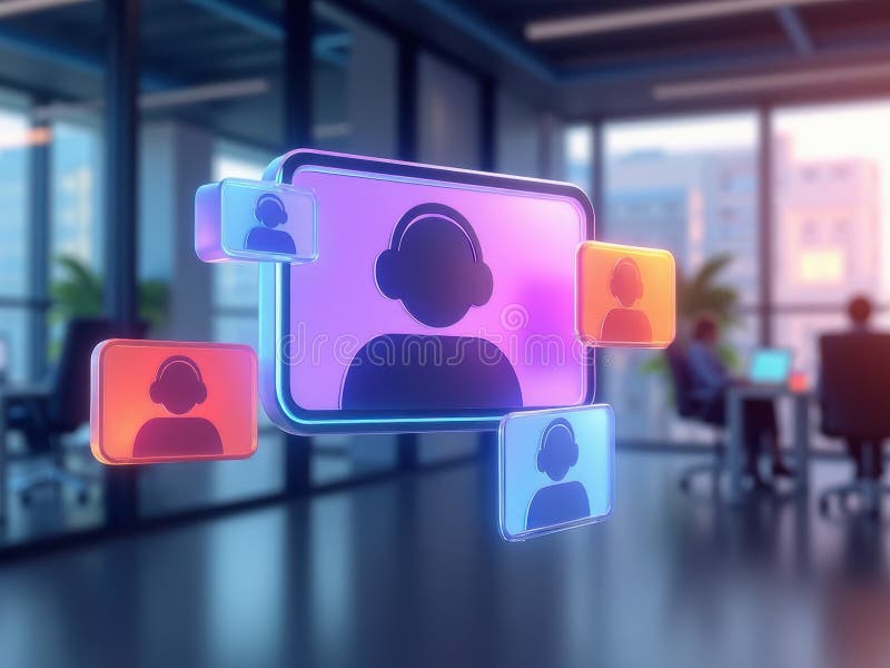 A Futuristic 3D Video Call Icon with Floating Screens and a Blurred ...