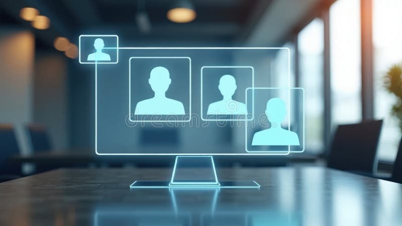 A Futuristic 3D Video Call Icon with Floating Screens and a Blurred ...