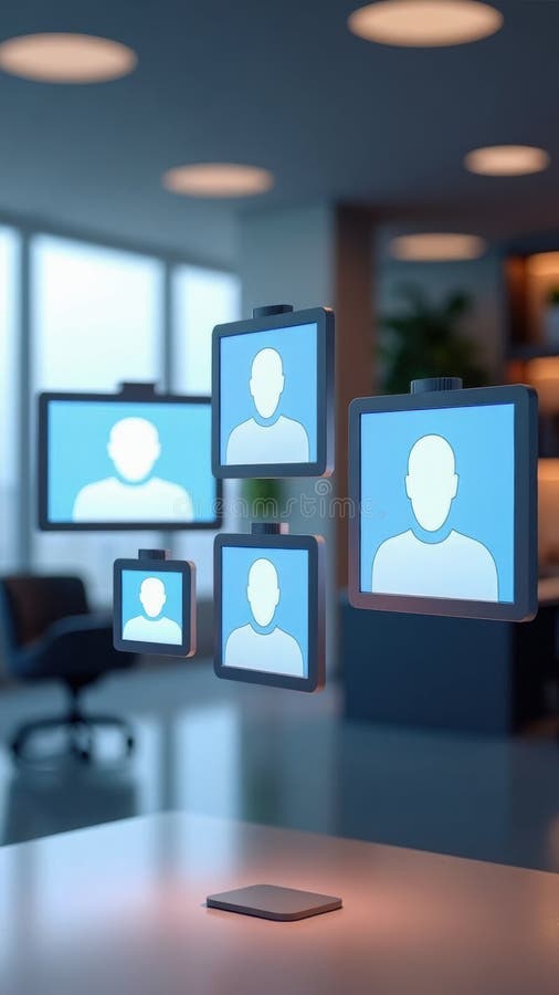 A Futuristic 3D Video Call Icon with Floating Screens and a Blurred ...