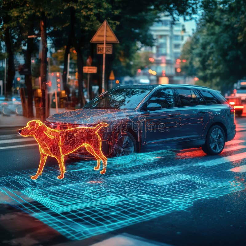 Futuristic 3D Visualization of Dog at Crosswalk in Urban Setting Stock ...