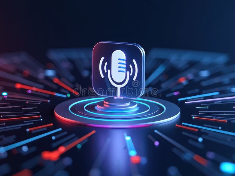 A Futuristic 3D Voice Assistant Icon with Wave Lines, Floating in a Sci ...