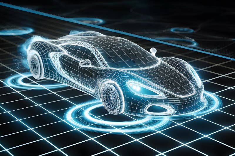 Futuristic 3D Wireframe Car Hovering Over Grid Surface, Illuminated ...