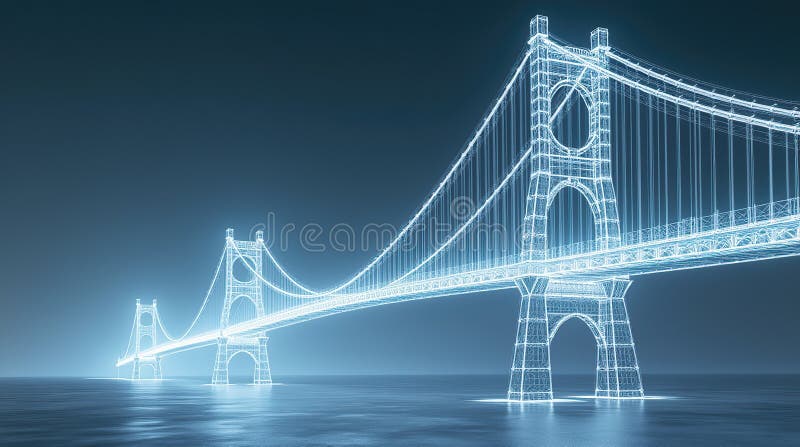 Futuristic 3D Wireframe Render of a Suspension Bridge at Night Stock ...