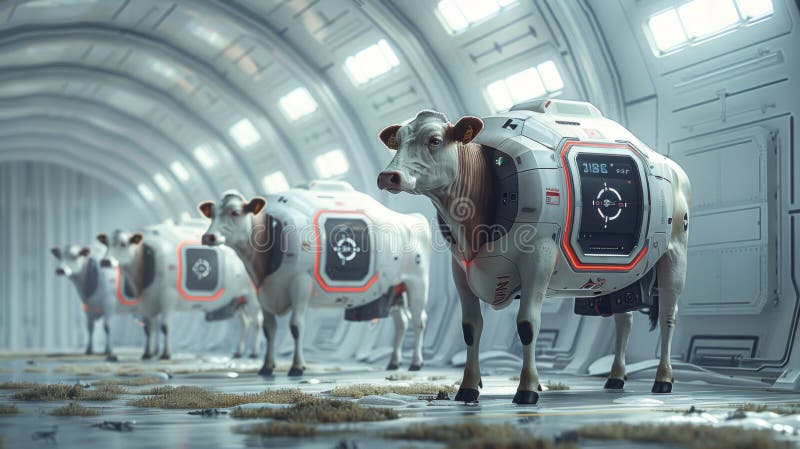 Futuristic Dairy Farm with Cyborg Cows in a High-Tech Facility Stock ...