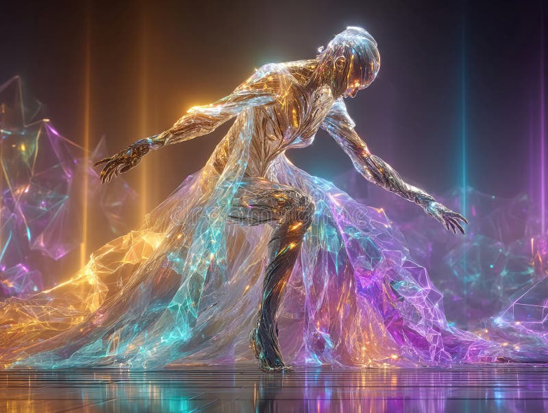 Futuristic Dancer in a Shimmering Silver Suit, Moving through Beams of ...