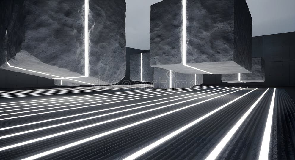 Futuristic Dark Architecture with Glowing Light Lines and Massive Stone ...