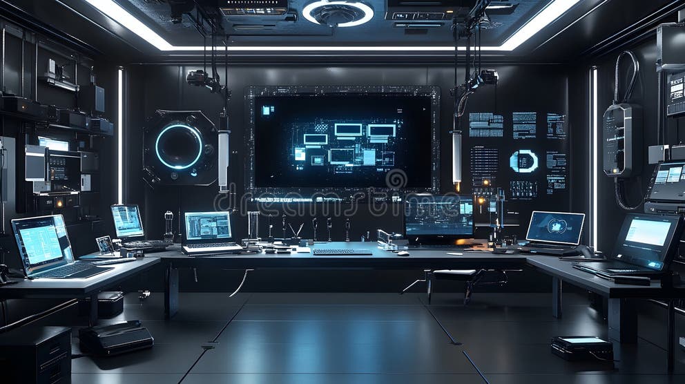 Futuristic Dark Blue Digital Control Room Interior with Glowing ...