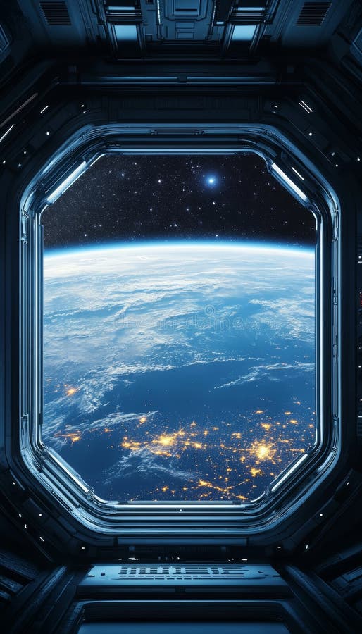 Futuristic Dark Blue Spaceship Interior with Earth View through Window ...