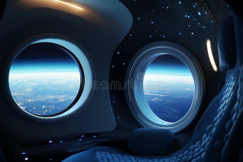 Futuristic Dark Blue Spaceship Interior with Earth View through Window ...