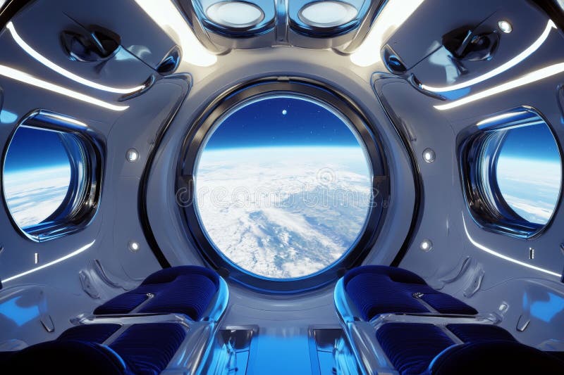 Futuristic Dark Blue Spaceship Interior with Window View of Earth in a ...