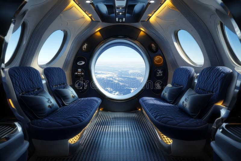Futuristic Dark Blue Spaceship Interior with Window View of Planet ...