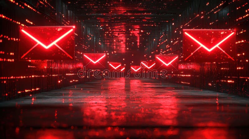 Futuristic Dark Corridor with Glowing Red Neon Email Icons Visualizing ...