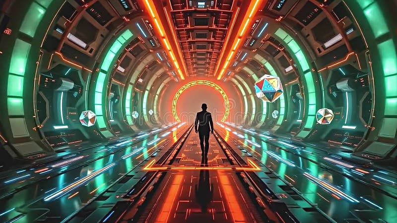 Futuristic Dark Corridor, Illuminated by Pulsating Neon Green and Orange Lights, the Illusion of ...
