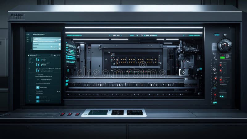 Futuristic Dark Grey Industrial Machine Control Panel with Digital ...