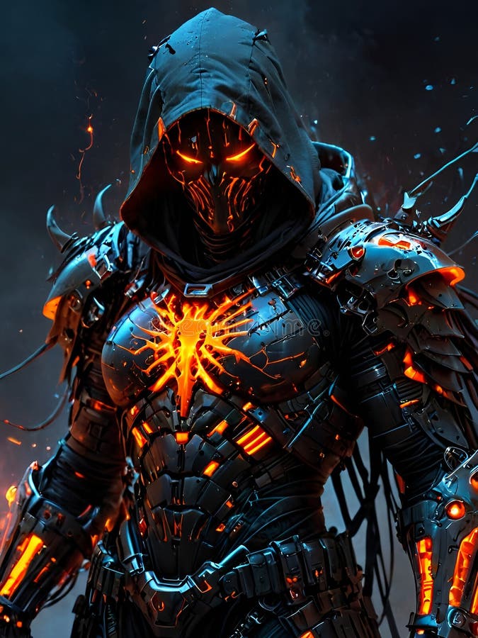 A Futuristic Dark Iron Warrior with a Body Covered in Fire Stock ...