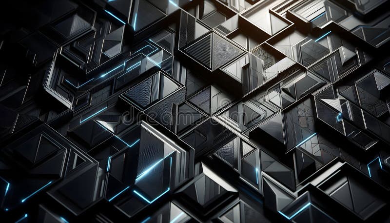 Futuristic Dark Wall with Intricate 3D Triangular Tiles and Metallic ...