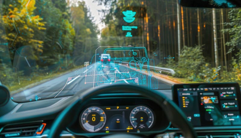 Futuristic Dashboard View with Augmented Reality Overlay on a Scenic ...
