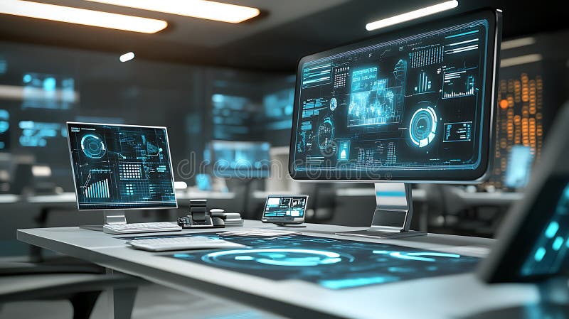 Data Analysis Center with Multiple Monitors Displaying Complex Data Visualizations and ...