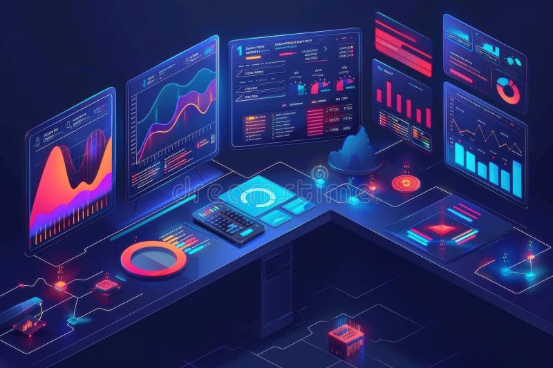 Futuristic Data Analysis Dashboard with Colorful Charts and Graphs Stock Illustration ...