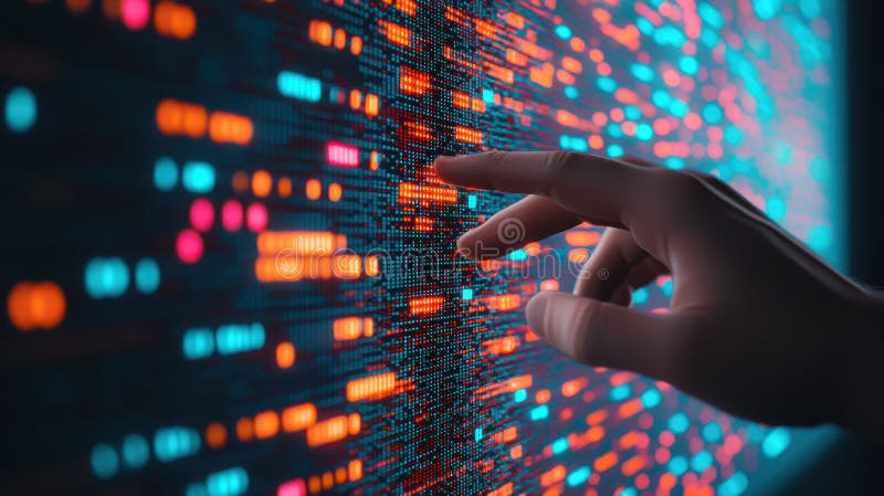 Futuristic Data Analysis Hand Interacting with Digital Code Stock ...
