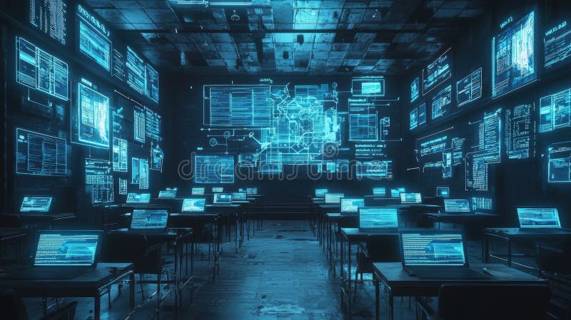 Futuristic Data Analysis Room with Blue Digital Displays and Laptops ...