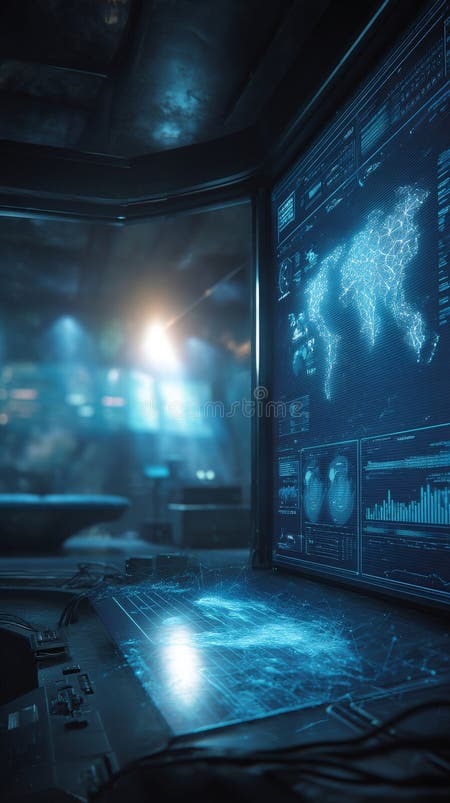 Futuristic Data Analysis Room with Digital World Map and Live ...
