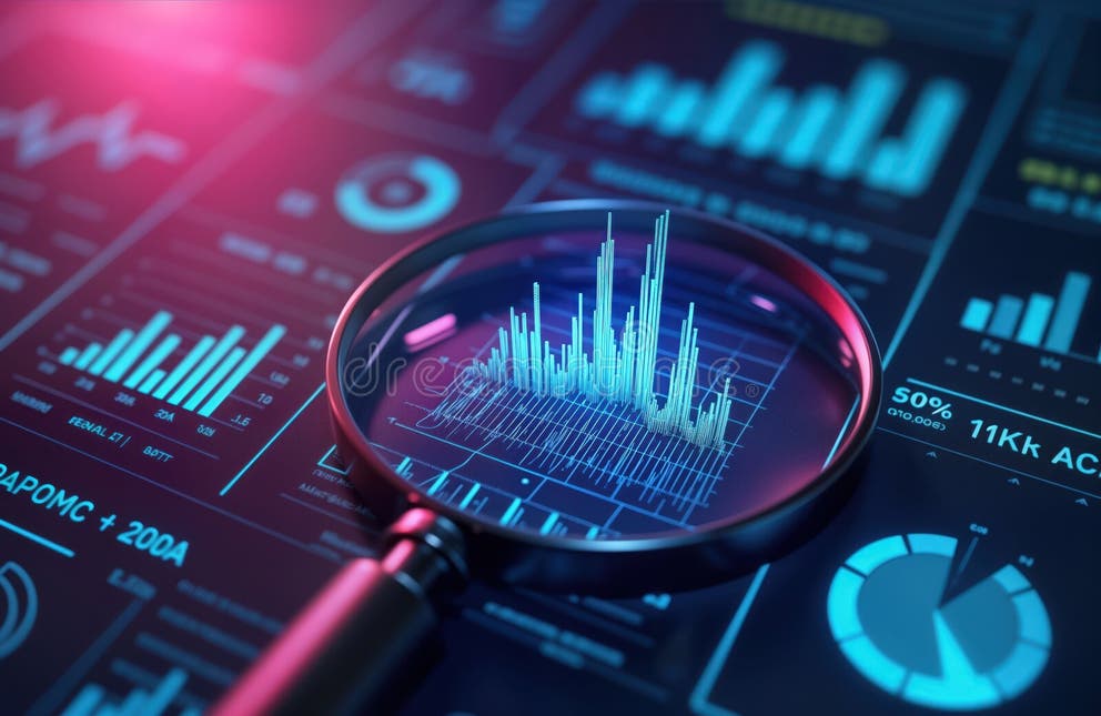 Futuristic Data Analysis Screen with Glowing Graphs, Charts. Magnifying ...