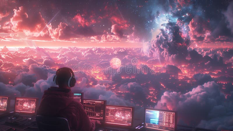 Futuristic Data Analysts Working Above the Clouds at Sunset Stock ...