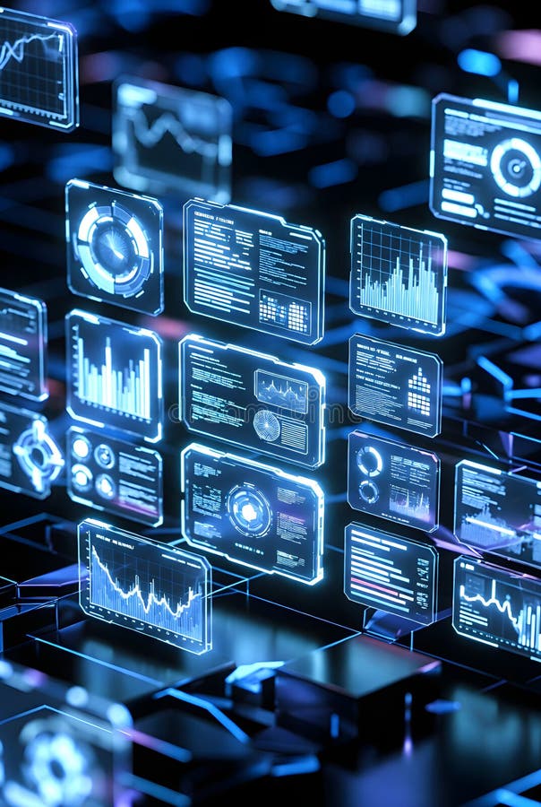 Futuristic Data Analytics Dashboard Interface with Glowing Digital Panels and Complex ...