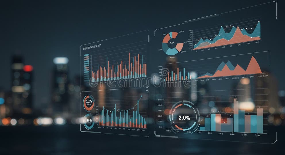 Futuristic Data Analytics Interface Featuring Various Graphs and Charts Overlayed on a Stock ...