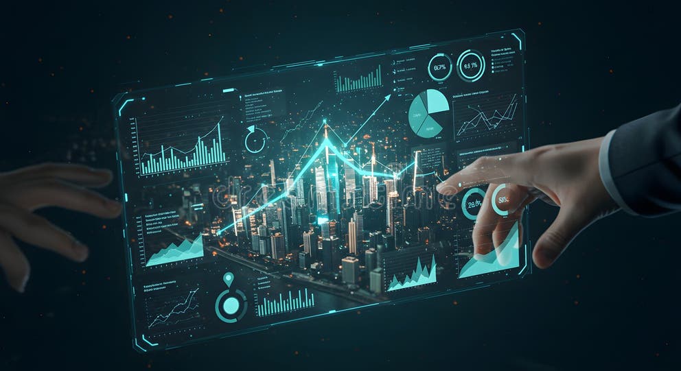 Futuristic Data Analytics Interface Over Cityscape – Smart City and Financial Growth Concept ...