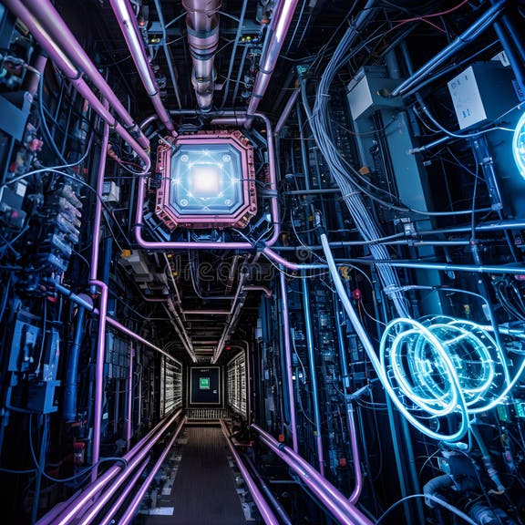 Futuristic Cyberpunk Data Center with Neon Lights and Intricate Wiring ...