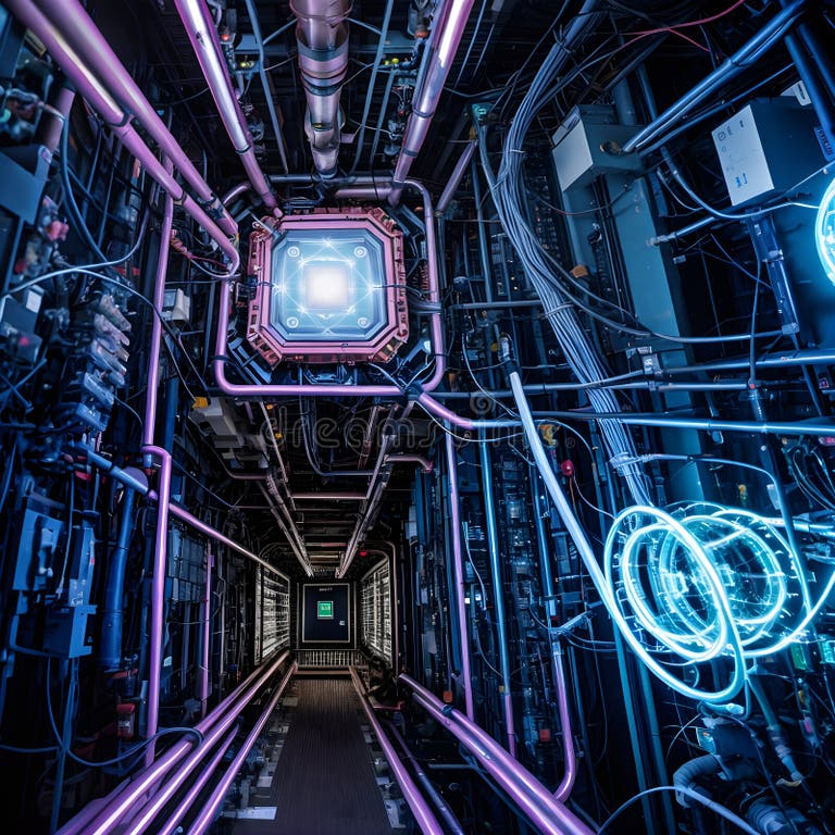 Futuristic Cyberpunk Data Center with Neon Lights and Intricate Wiring ...