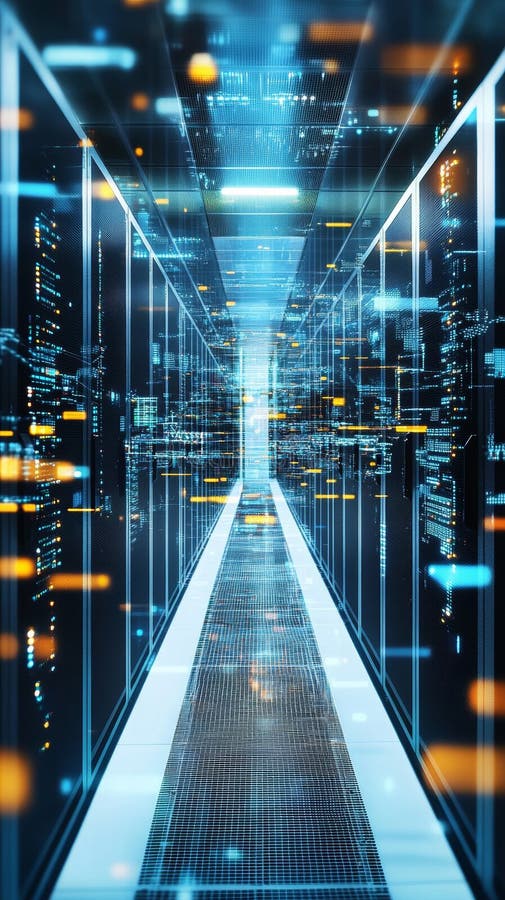 Futuristic Data Center Aisle with High-Tech Connection and Patterned ...